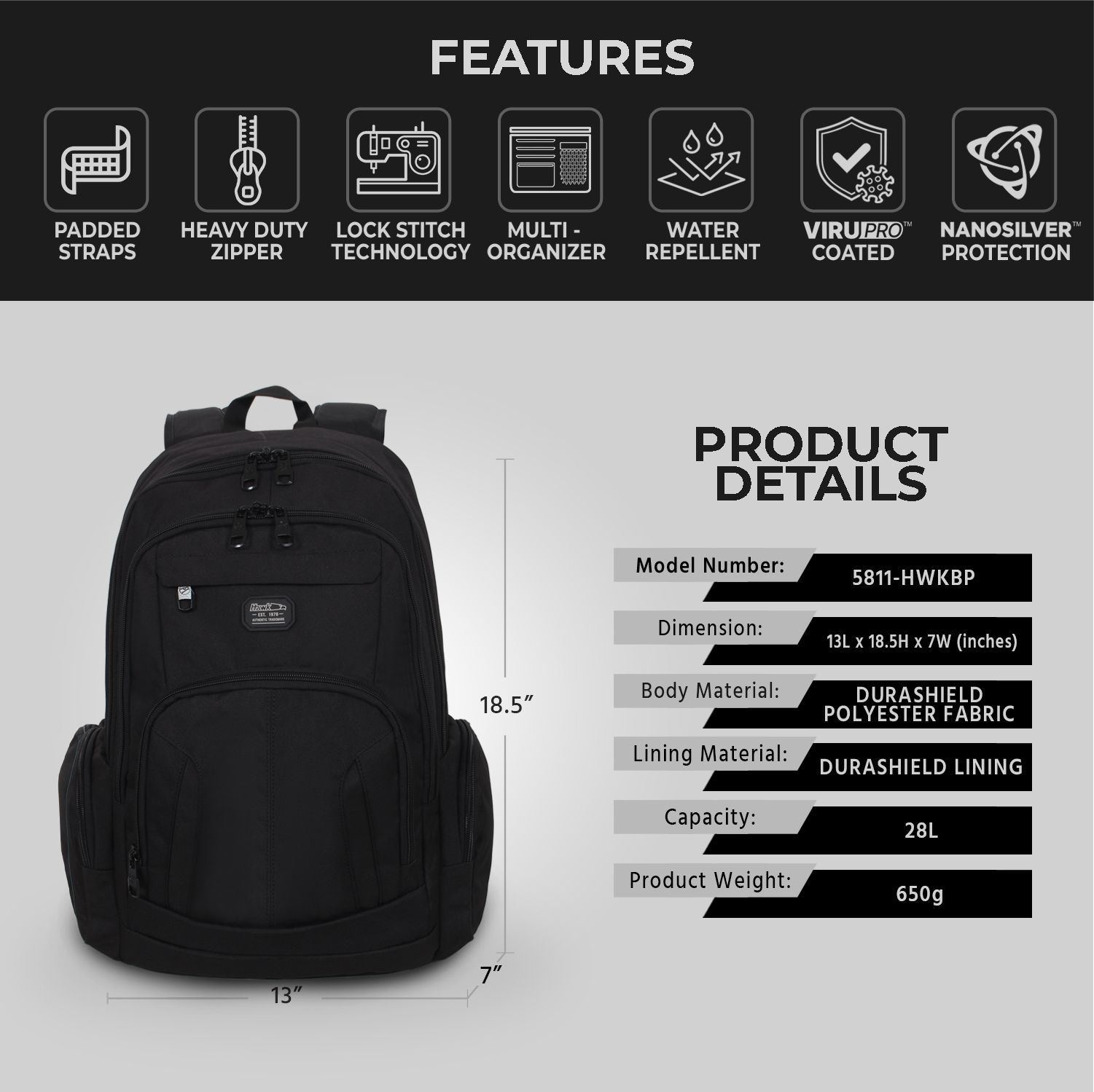 Hawk 5811 Corporate Backpack with VIRUPRO Anti-Microbial Protection ...