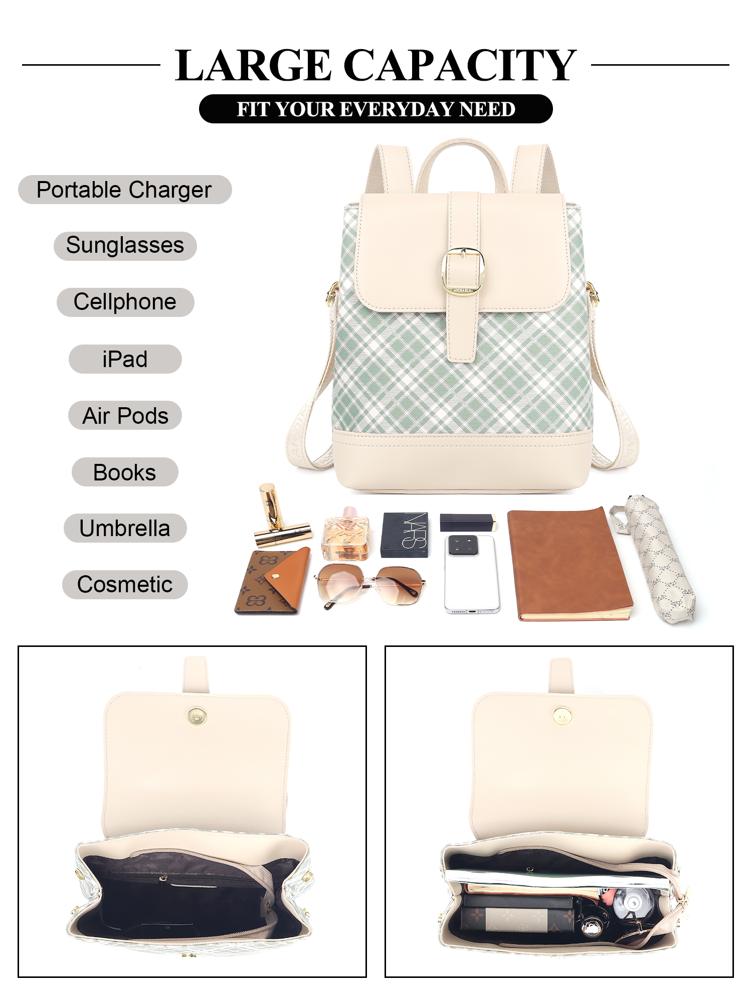 MICHAELA Two-Tone Checkered Backpack Preppy Chic Spacious for College ...