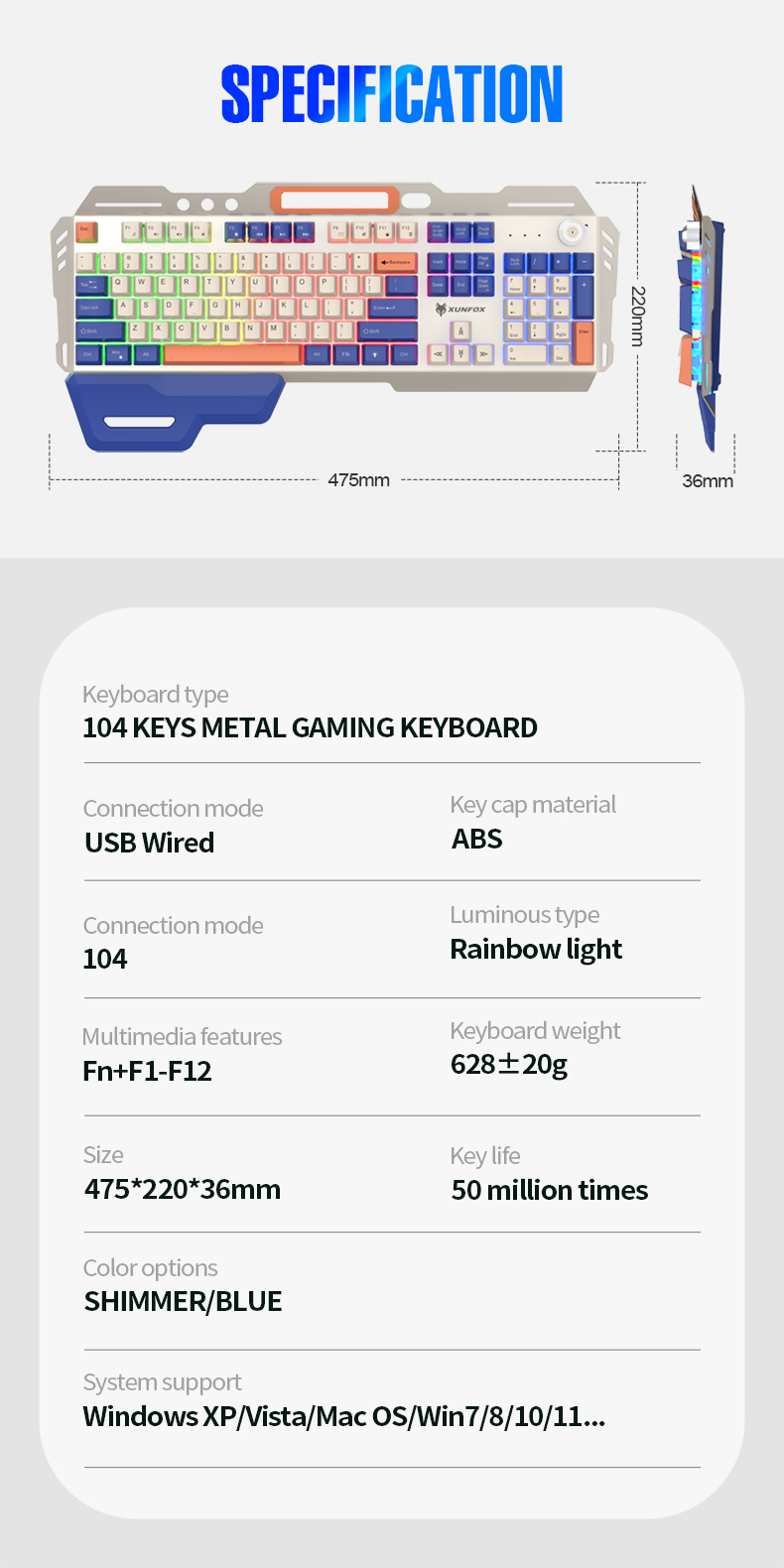 XUNFOX K90 keyboard 104 keys mechanical keyboard gaming keyboard and ...