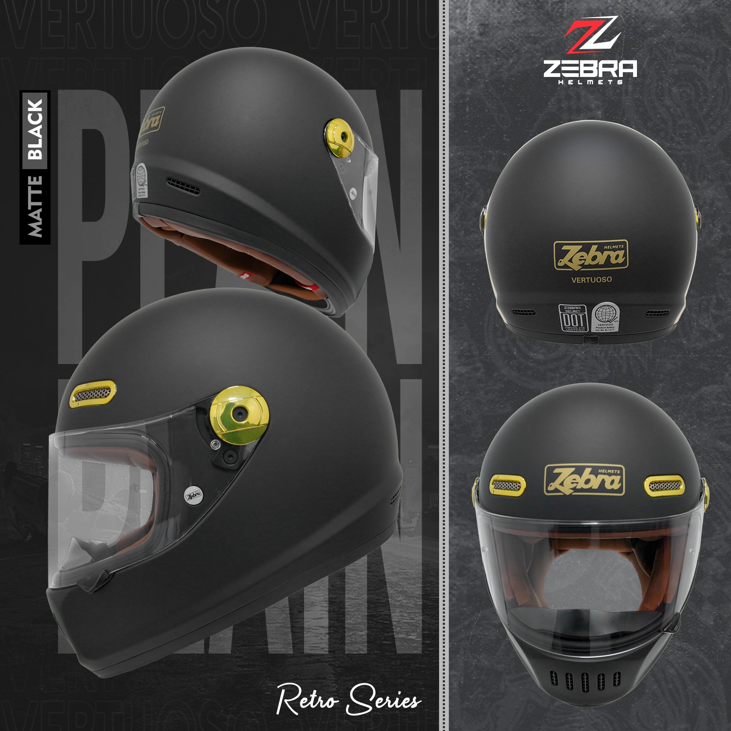 ZEBRA VERTUOSO Classic Retro Helmet For Motorcycle Full Face Vintage ...