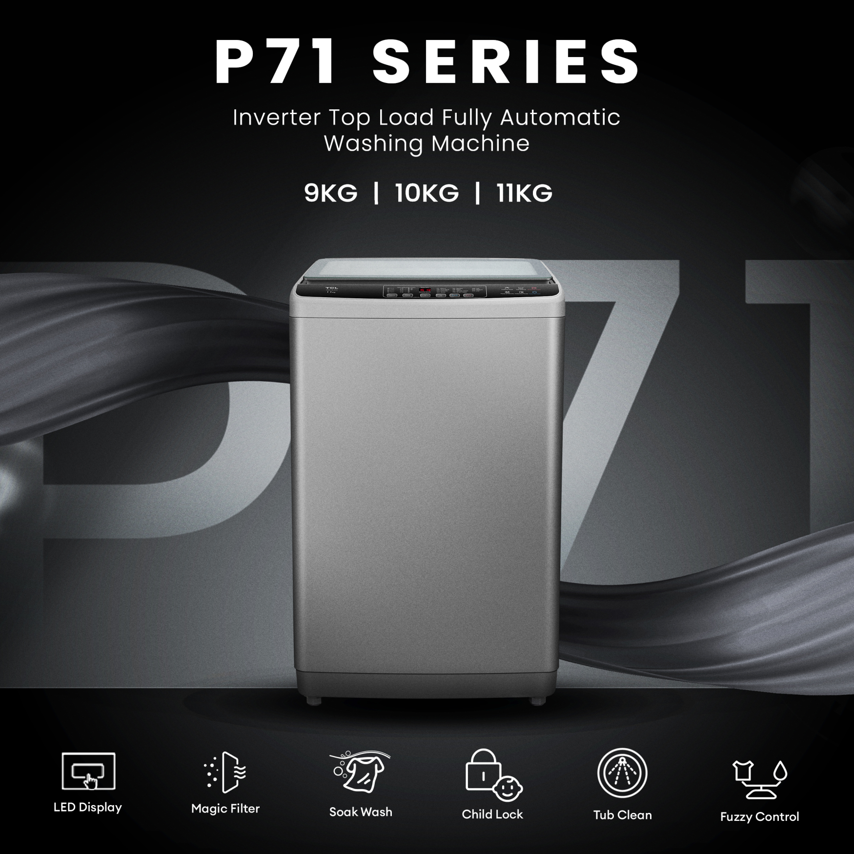 TCL Inverter Top Load Fully Automatic Washing Machine P71, 24 Hours Delay, Quick Wash, Child ...