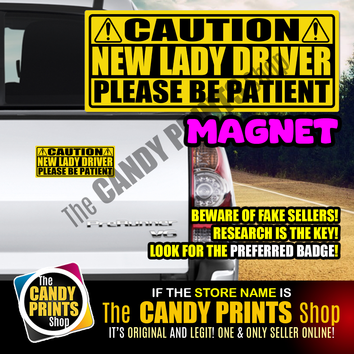 Magnetic and Vinyl Car Sticker (CAUTION - NEW LADY DRIVER - PLEASE BE ...