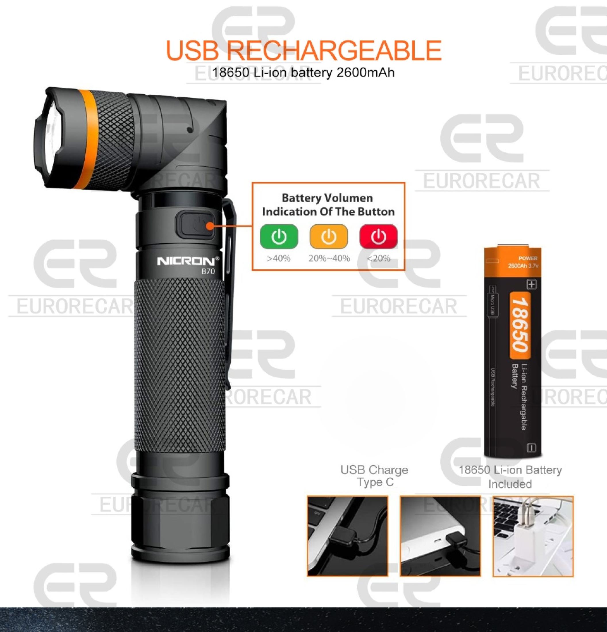 NICRON Led Flashlight B70E(N7) Handfree Dual Fuel 90° Twist Rotary Clip ...