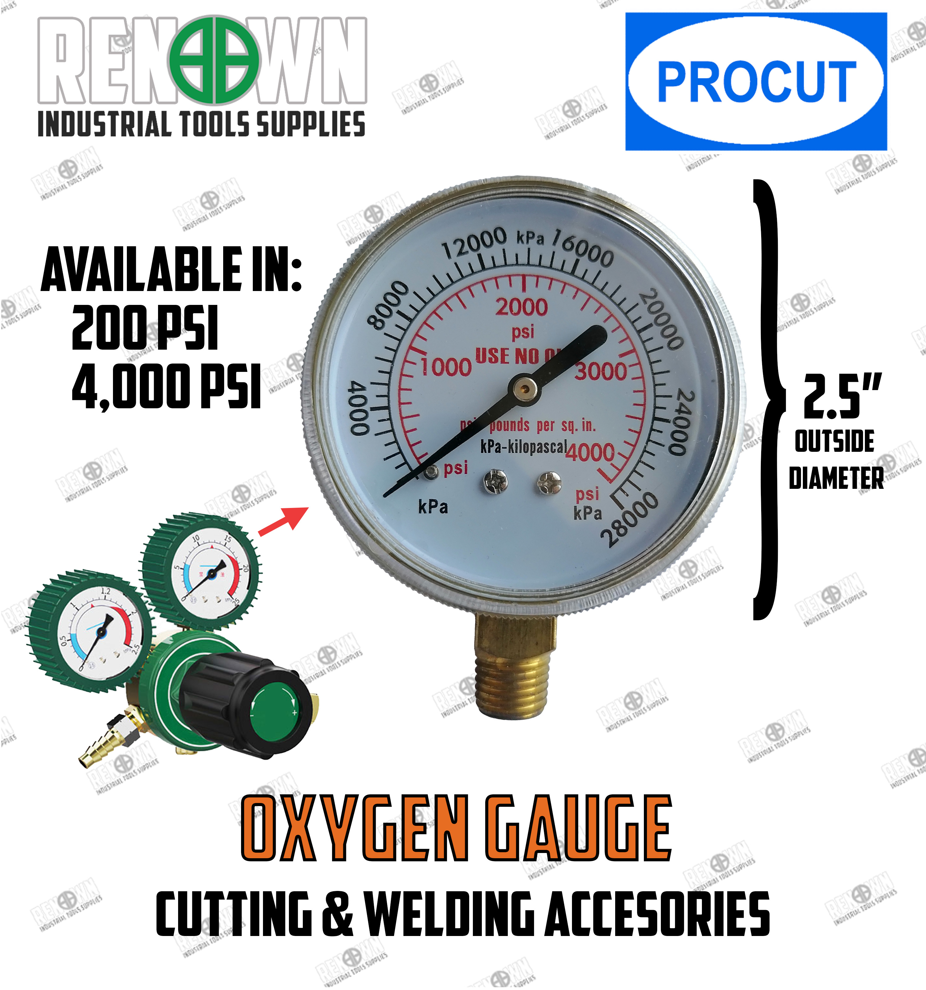 PROCUT Oxygen and Acetylene Gauge 30/400/200/4,000 PSI (2.5" O.D) for ...