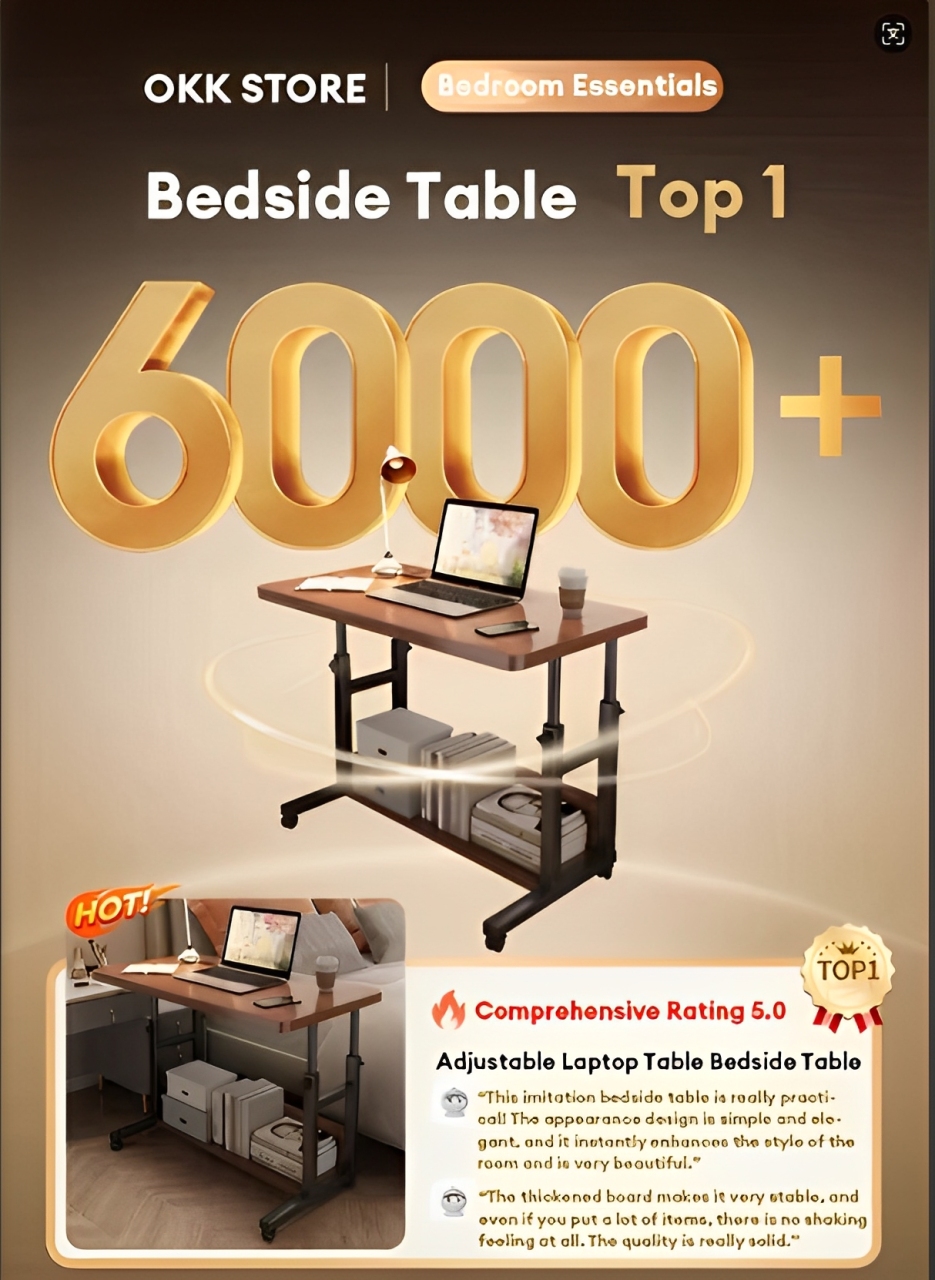 OKK Adjustable Laptop Table With Wheels Computer Desk Lamesa Bedside ...