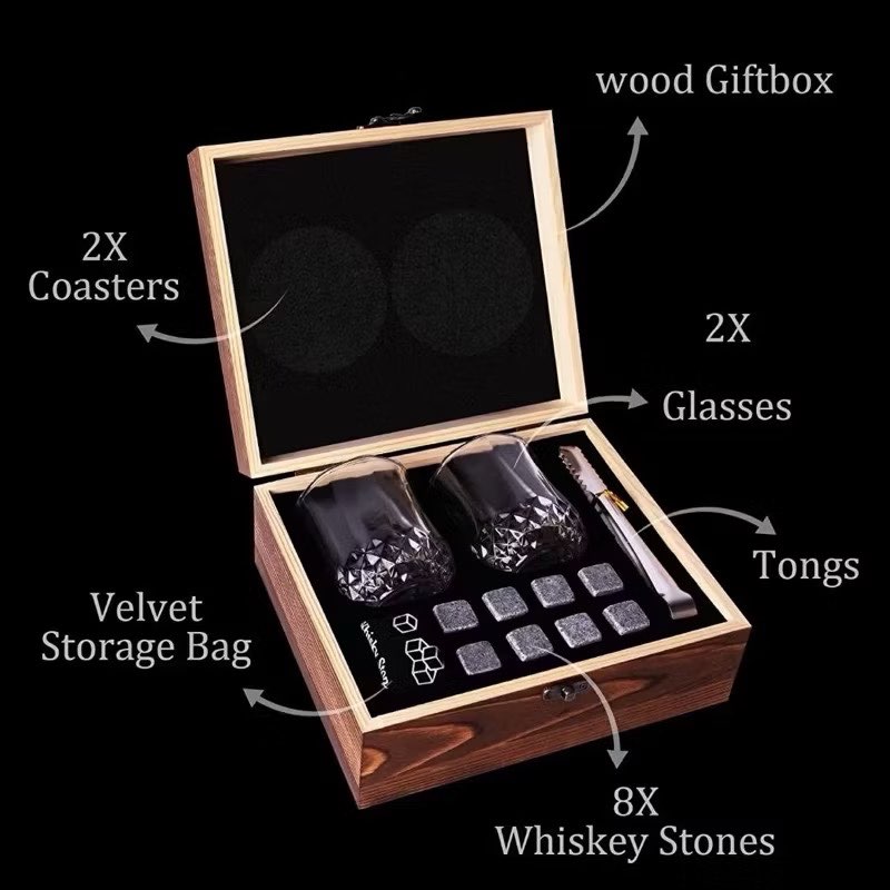 Whiskey Stones Ice Cube Gift Set w/ Wooden Gift Box and Tools for ...