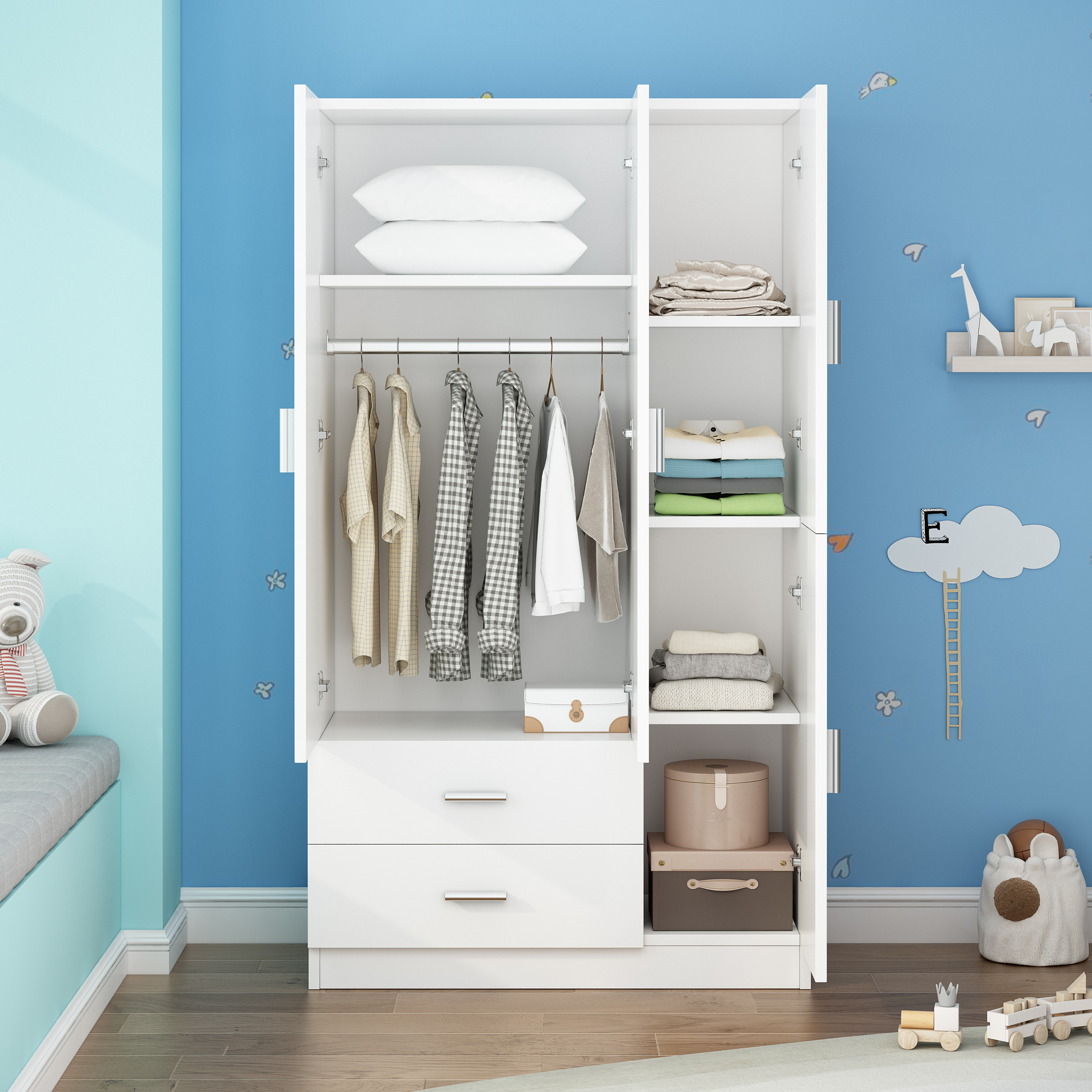 4-door wooden wardrobe, cabinet, family bedroom, simple assembly ...