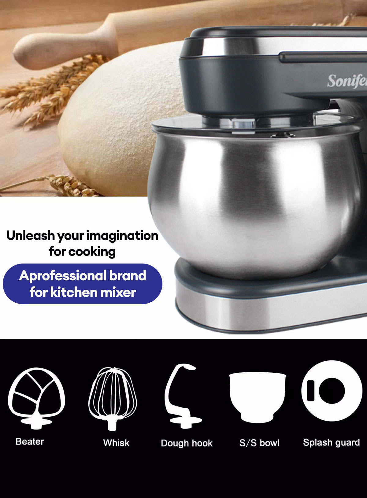 Sonifer 5L Stand Mixer 1200W Electric Mixer Classic Mixer With 304 ...