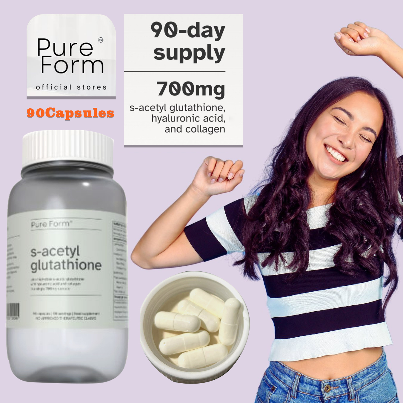 90 Capsules Pure form S Acetyl Glutathione Premium Formula Glutagen C ...