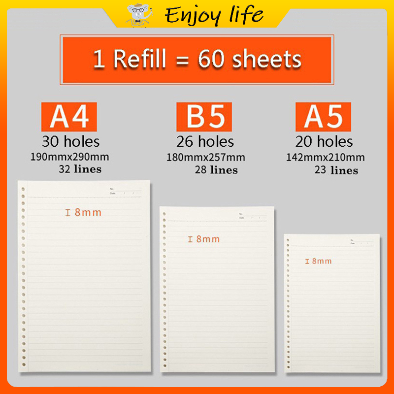 【On Hand】10PCS A5/B5/A4 Refill pages/ loose leaf Notebook binder Refill (60 leaves) | Shopee ...