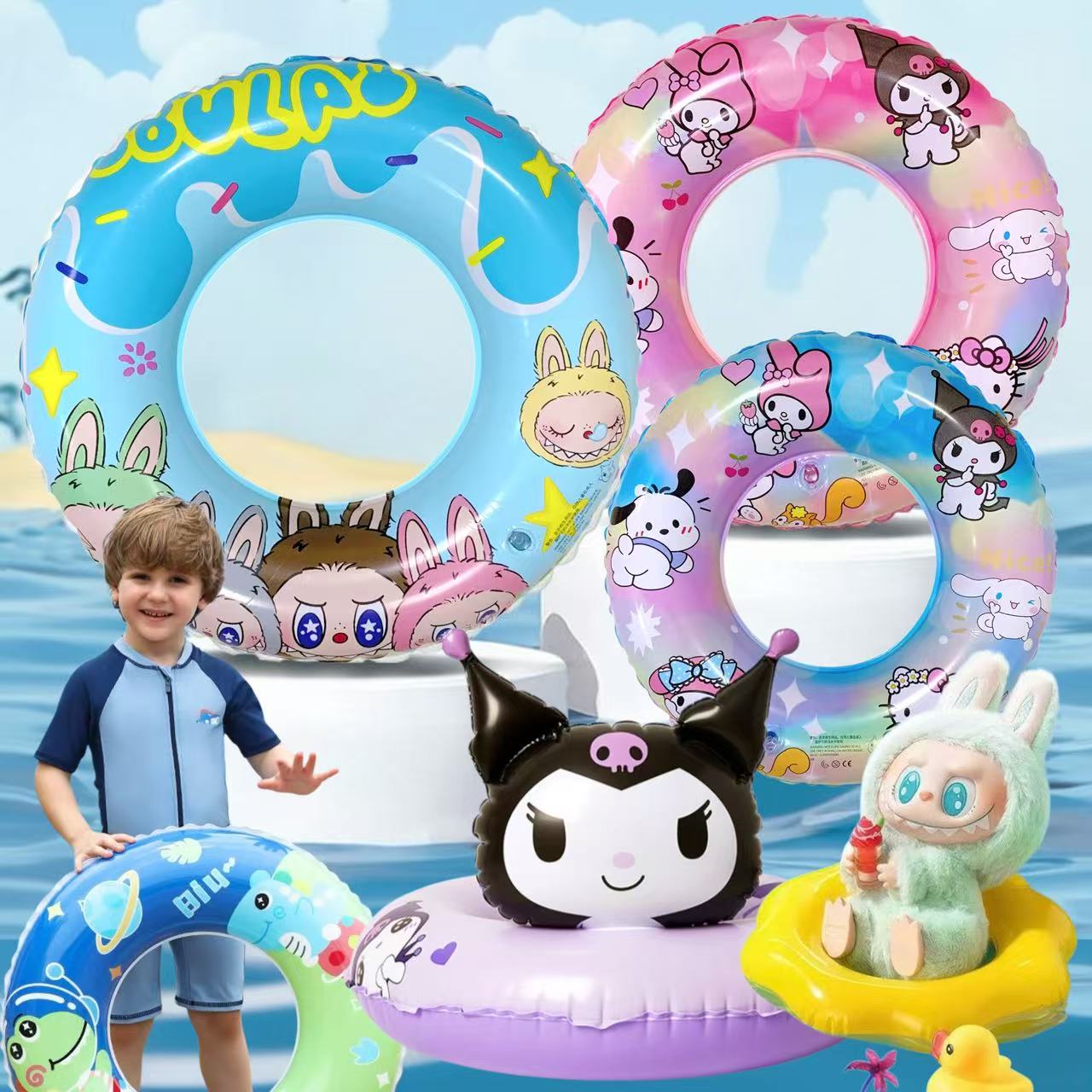 Inflatable Labubu Cartoon swimming ring 60cm70cm80cm lifebuoy Kuromi ...