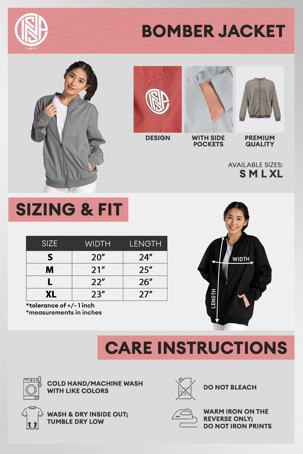 INSPI Bomber Jacket for Women with Full Zipper and Pockets Plain Casual ...