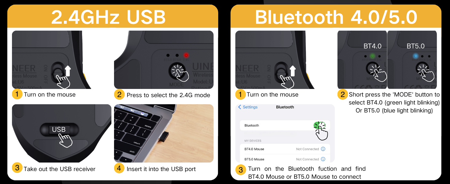 Inphic A1 Bluetooth Wireless Mouse Rechargeable Ergonomic Silent Mouse ...