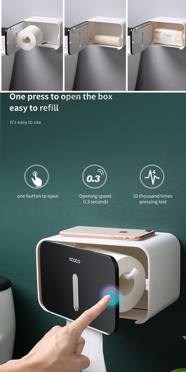 Ecoco Tissue Holder Bathroom Wall Mounted Tissue Box Waterproof for Tissues or Toilet Rolls ...