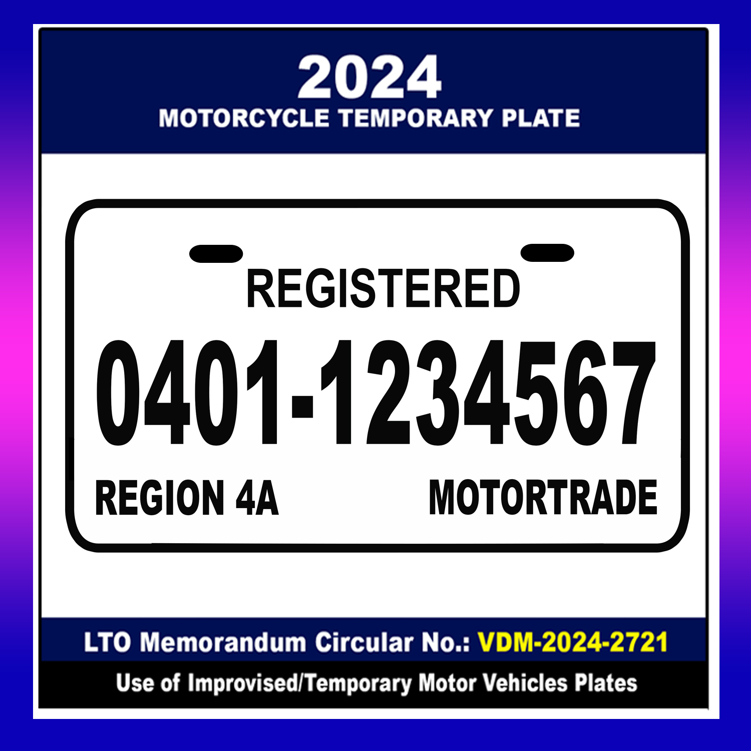NEW PLATE SIZE 2024 - METAL MOTORCYCLE TEMPORARY PLATE NUMBER - MC: VDM ...