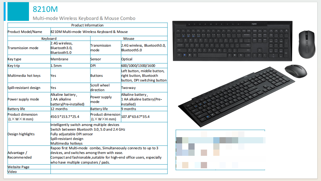 RAPOO 8210M Bluetooth Wireless Keyboard and Mouse Set for laptop 2.4G Multi-mode Desktop ...