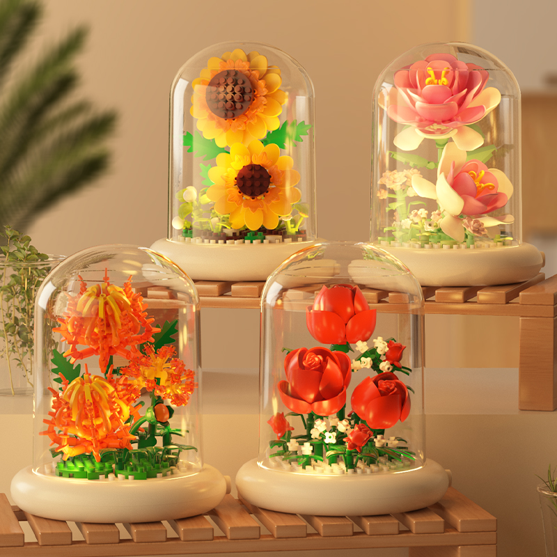 Hibiscus Flower Rose Flowers Set Building Blocks Toys with Light Glass ...