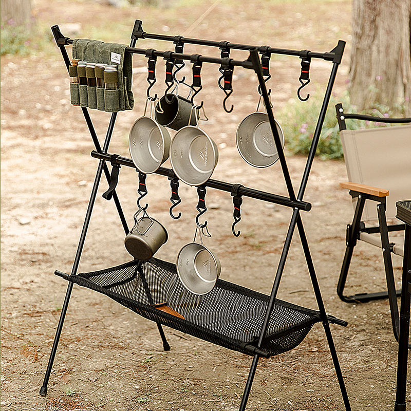 SOFTHOME Outdoor Triangle Hanging Rack Camping Cookware Storage Aluminium Mesh Tableware ...