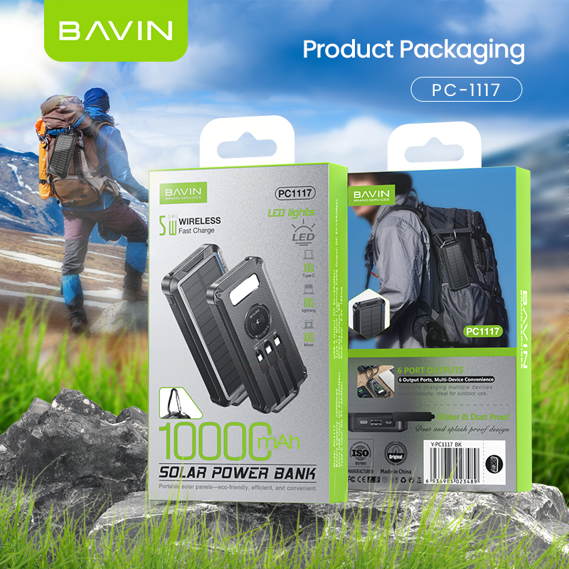 BAVIN PC1117 10000mAh Wireless Solar Powerbank w/ 6 Output Ports and Strong LED Light | Shopee ...