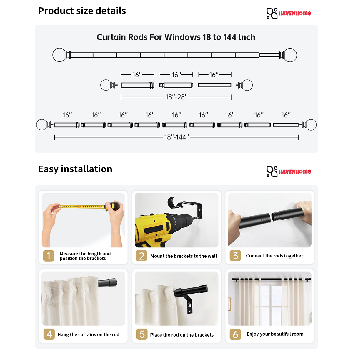 18"-144" Curtain Rod For Window Adjustable Extendable 365cm Holder ...