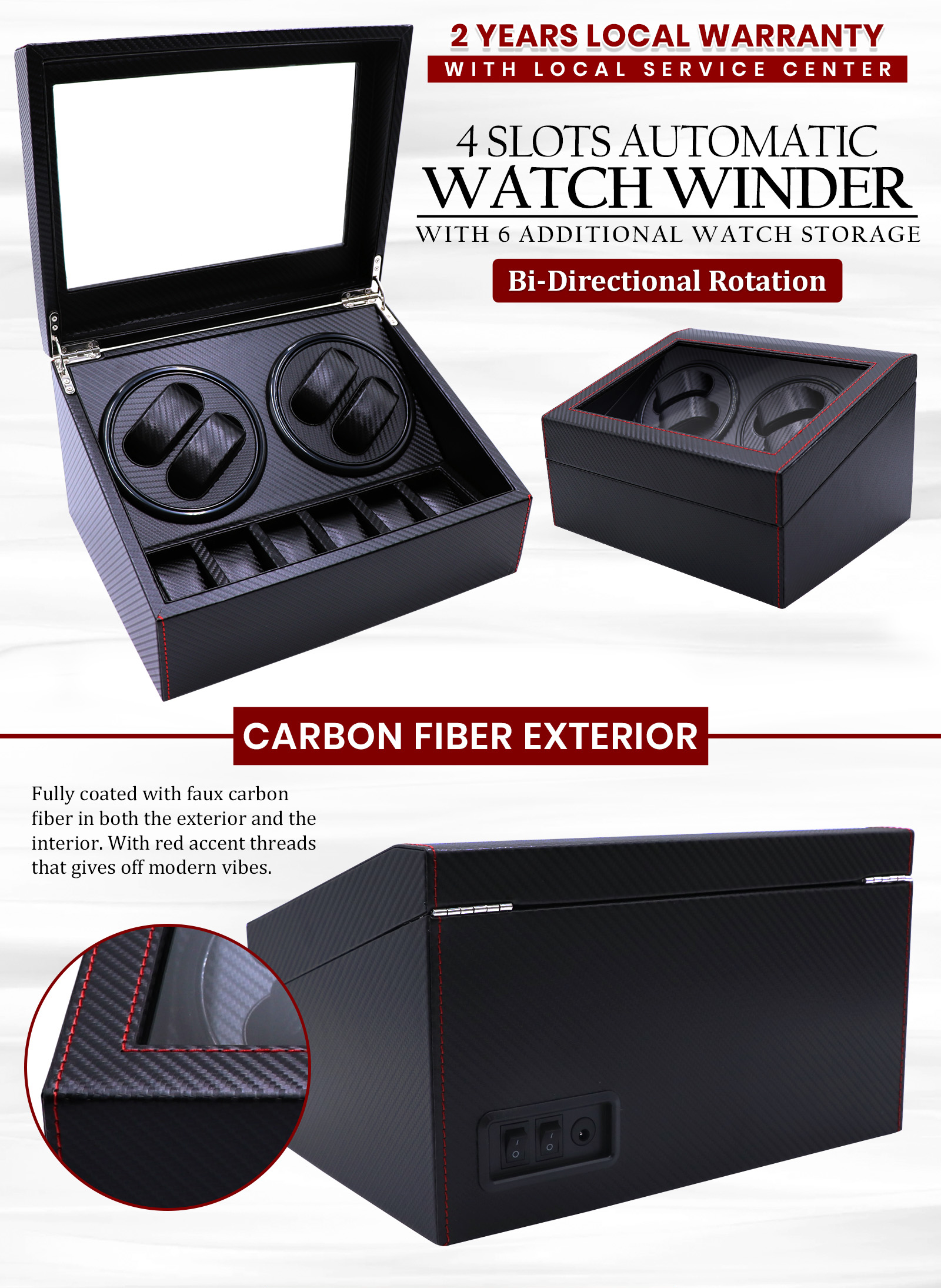 4 Slots Automatic Watch Winder Bi-directional Rotation Watch Box with 6 ...