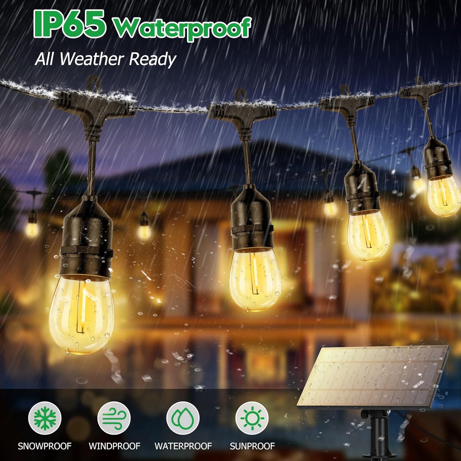 50FT 16bulbs Solar Waterproof String Light LED Edison Bulb For Backyard ...