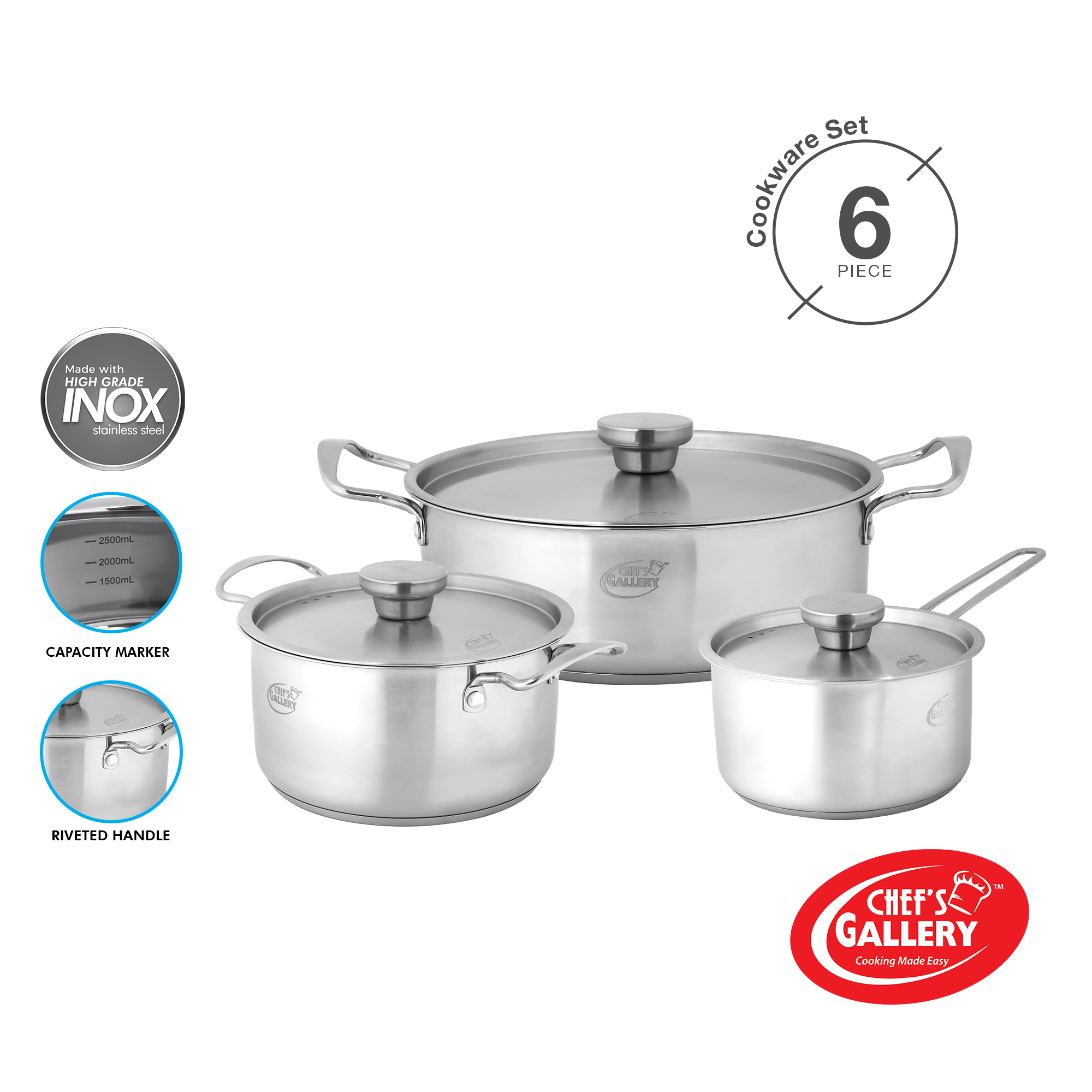 Chef's Gallery Stainless Steel 6-Piece Cookware Set Induction Ready ...