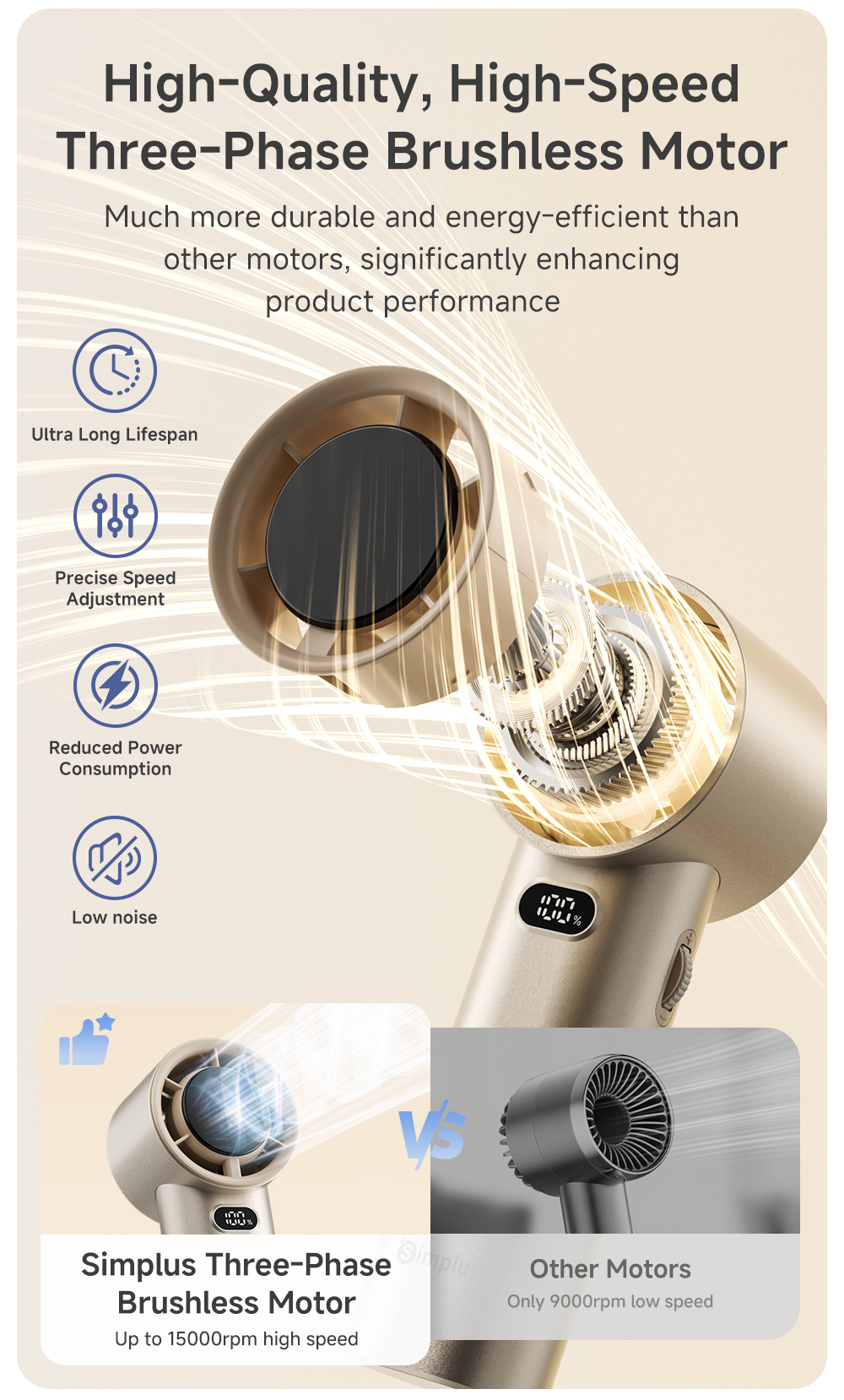 Simplus Handheld Mini Fan 10m/s High Speed 100 Stepless Speeds 15h ...