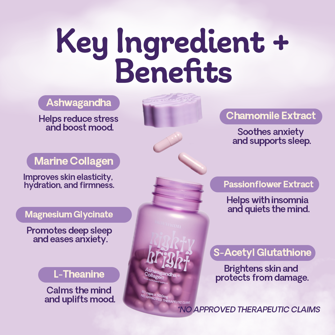 NEW MOON Nighty Bright Ashwagandha 500mg 120 CAPSULE with Hydrolized Marine Collagen | Shopee ...