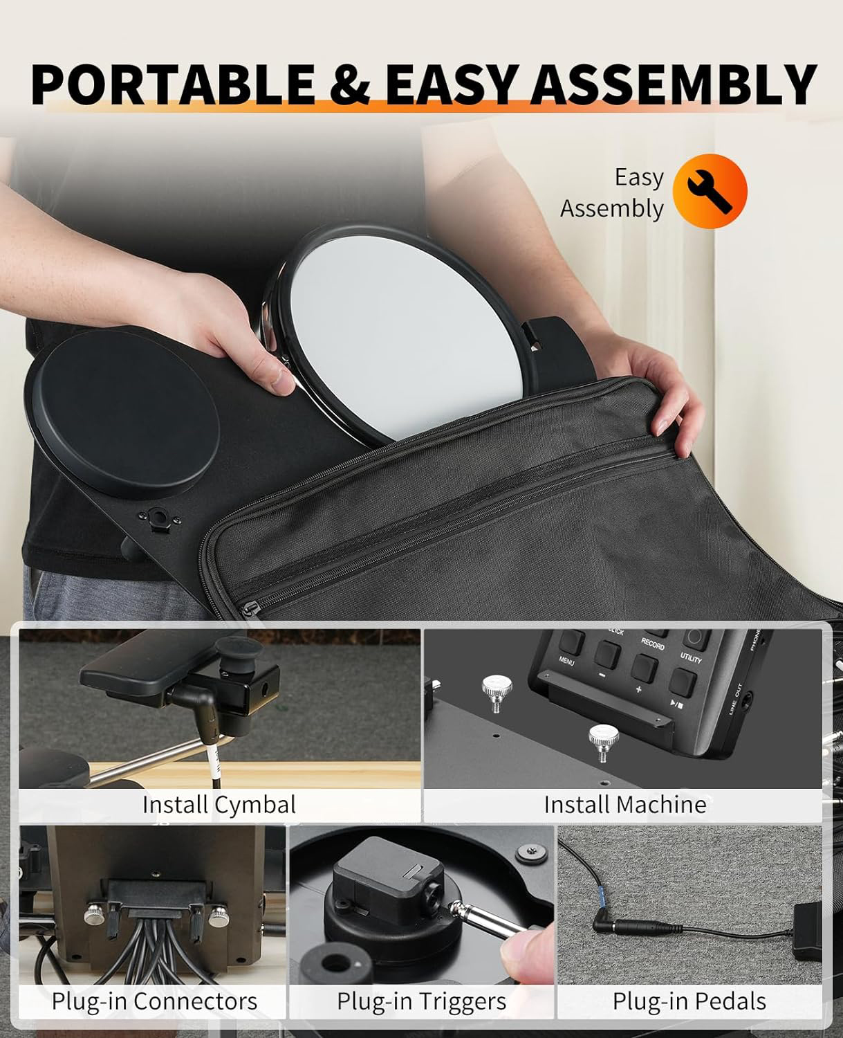 Portable Electric Drum Set for Beginner with Quiet Mesh Snare Drum Pads ...