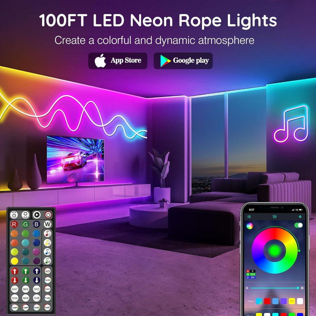 RGB Neon Light Strip with APP and Remote IP67 Waterproof Music Sync ...