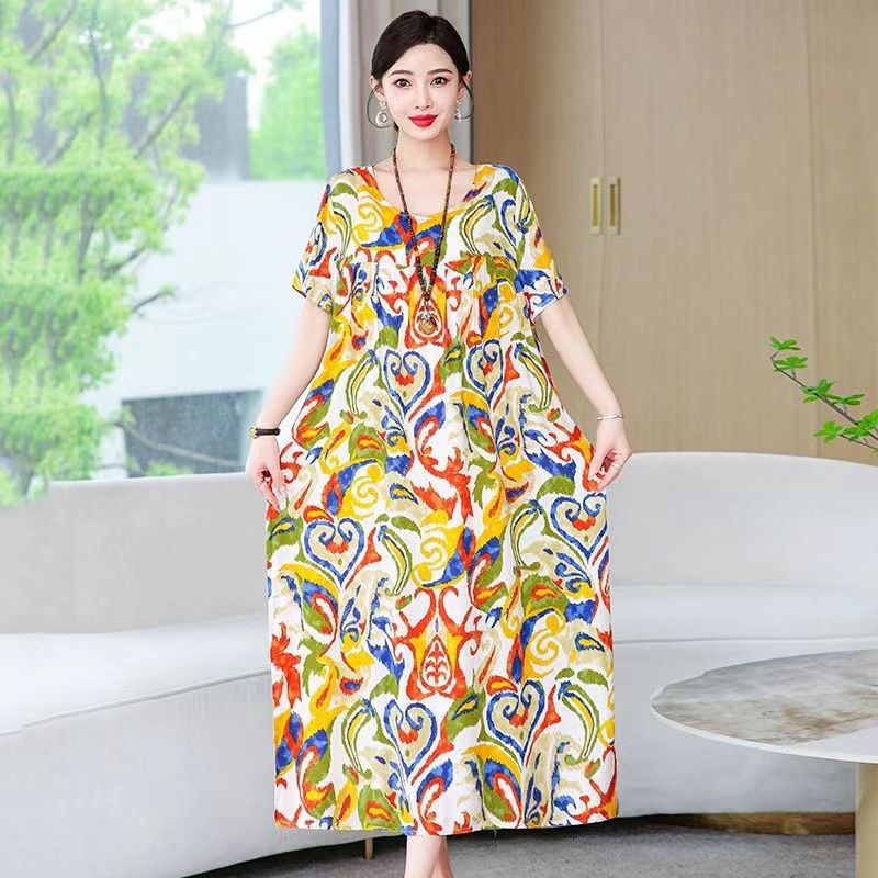M-3XL Woman Oversize Casual Floral Dress Loose Retro Print Long ...