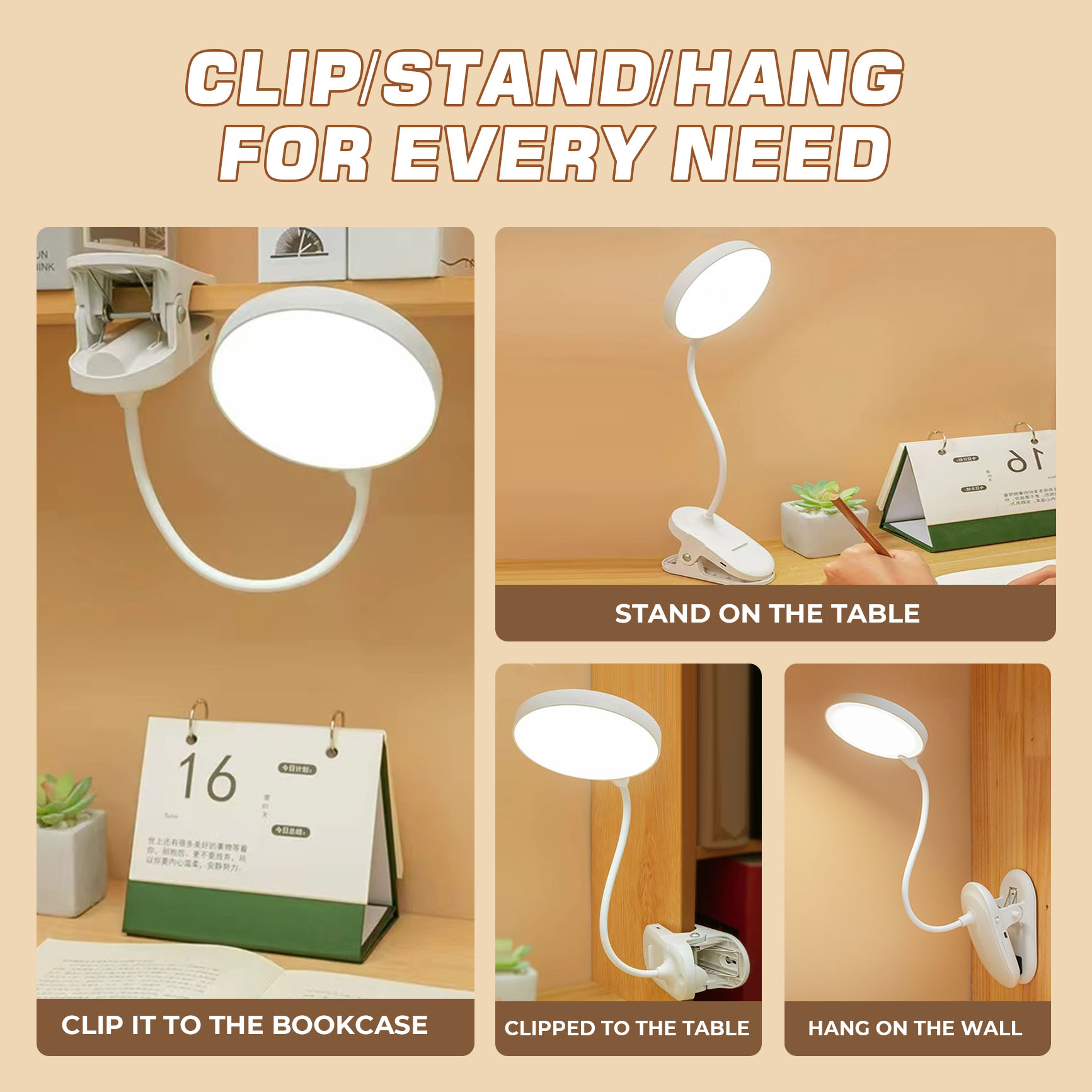 LED Rechargeable Desk Lamp Flexible Clip Study Light Adjustable Table ...