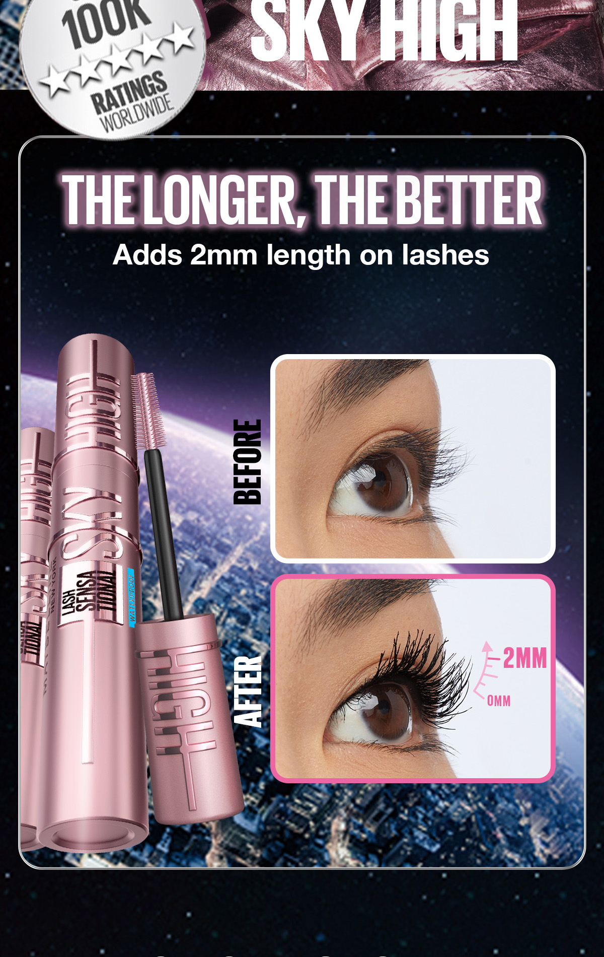 Maybelline Sky High Mascara 24HR Long-Lasting, Adds 2mm length on Asian ...