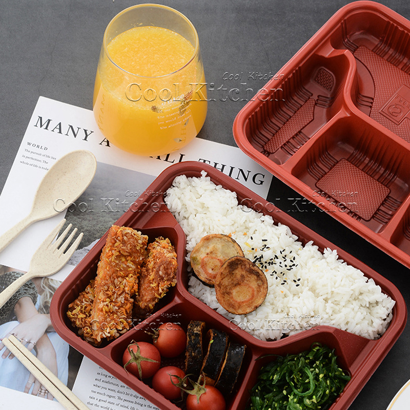 (50PCS) Red bento box with free lid 1/2/3/4/5 grid takeaway packaging ...