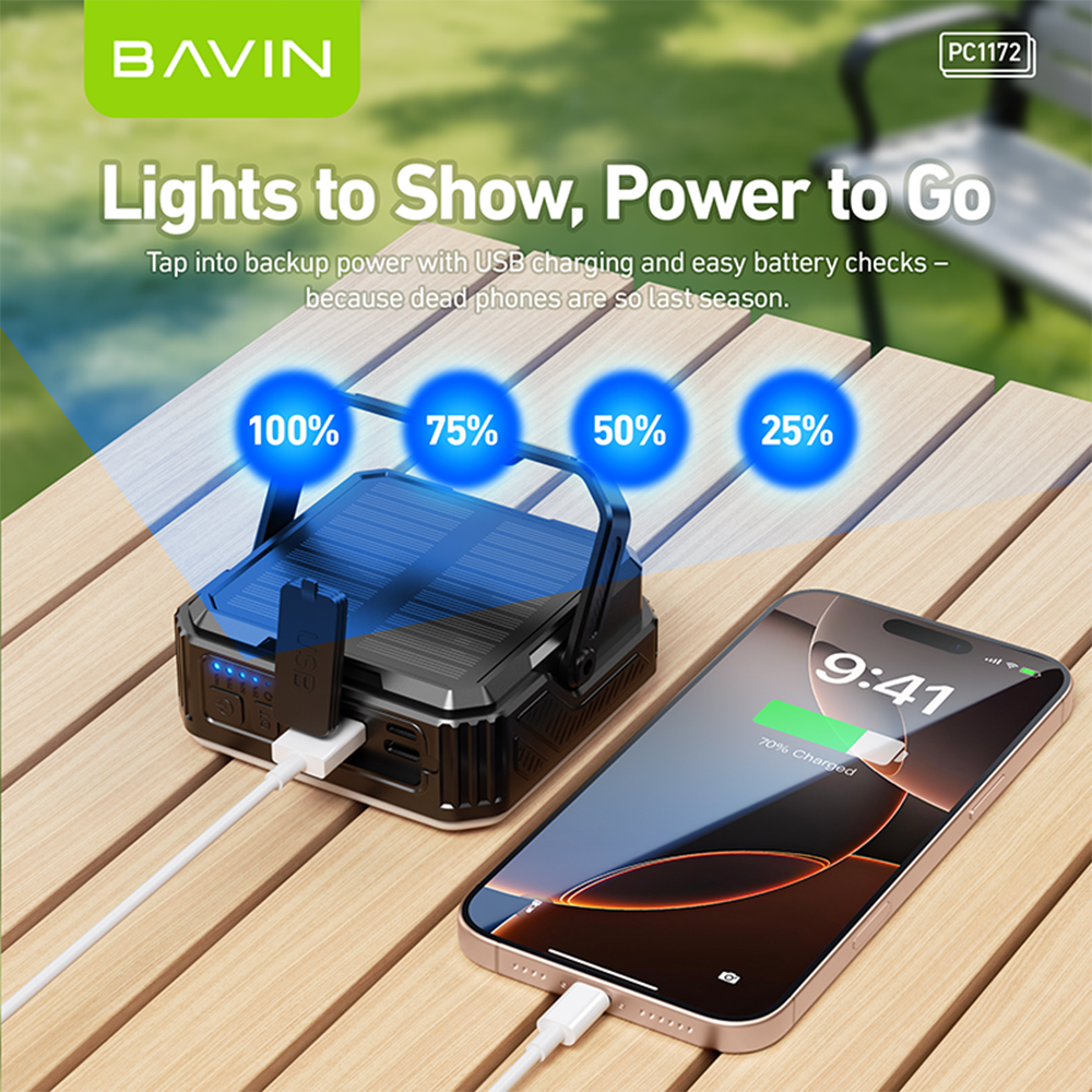 BAVIN PC1172 10000mAh Solar Powerbank | Emergency Light w/Waterproof LED for Camping & Outdoor ...