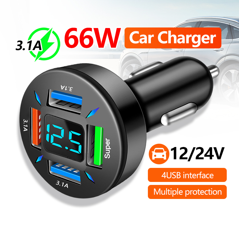 66W LED Car Charger 4 Ports Fast Charge PD QC 3.0 USB-C Adapter for ...