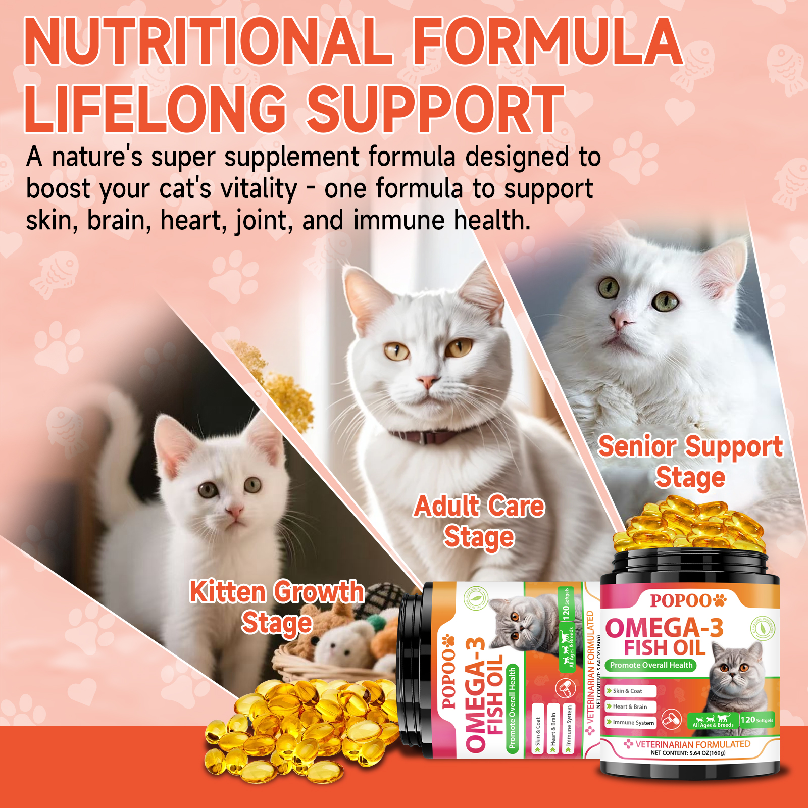 Popoo Omega 3 Fish Oil Supplement for Cat Skin Heart Immune Health Cat ...