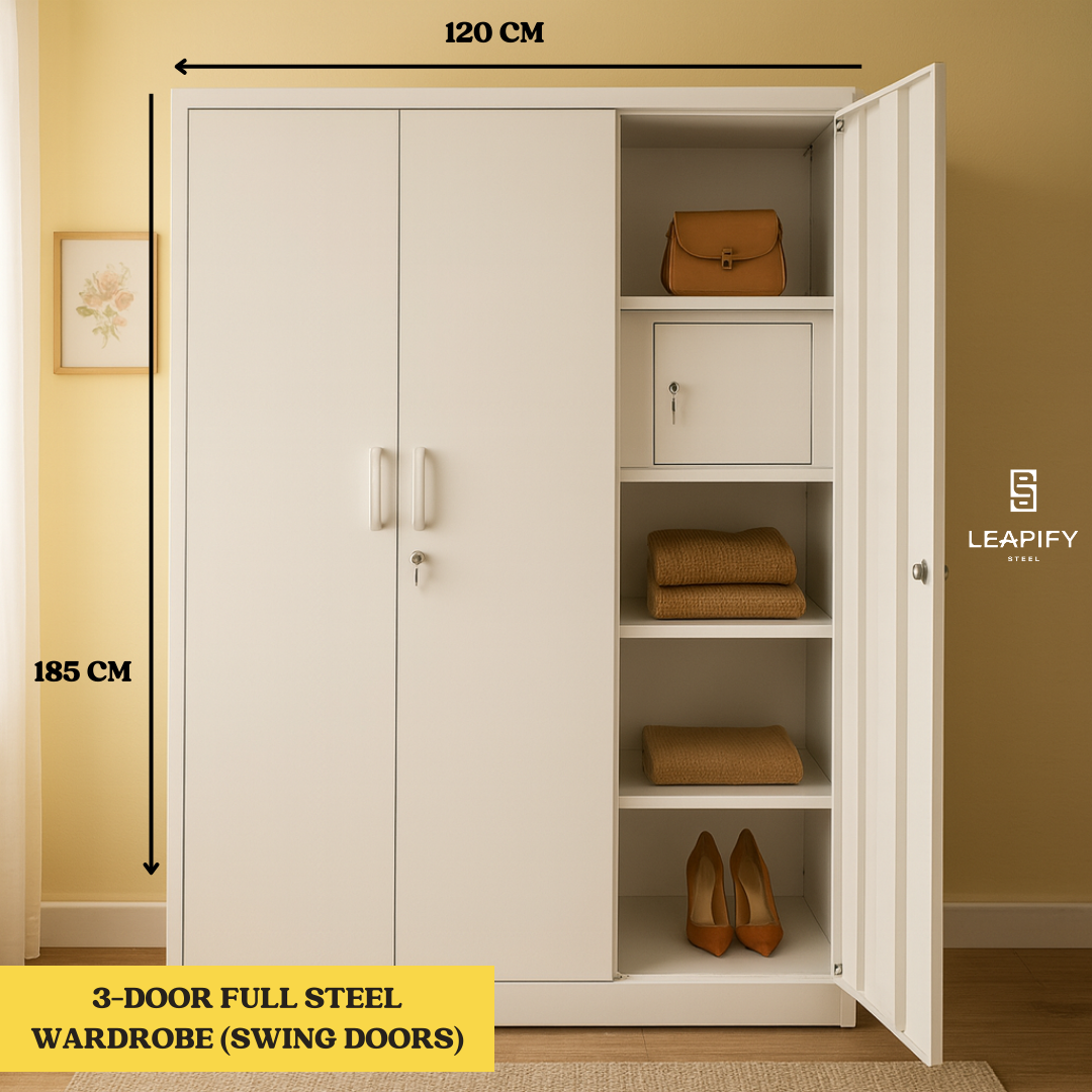 HANNAH | Full Steel 3-door Swing Wardrobe - with Hanging Rod and Mini ...