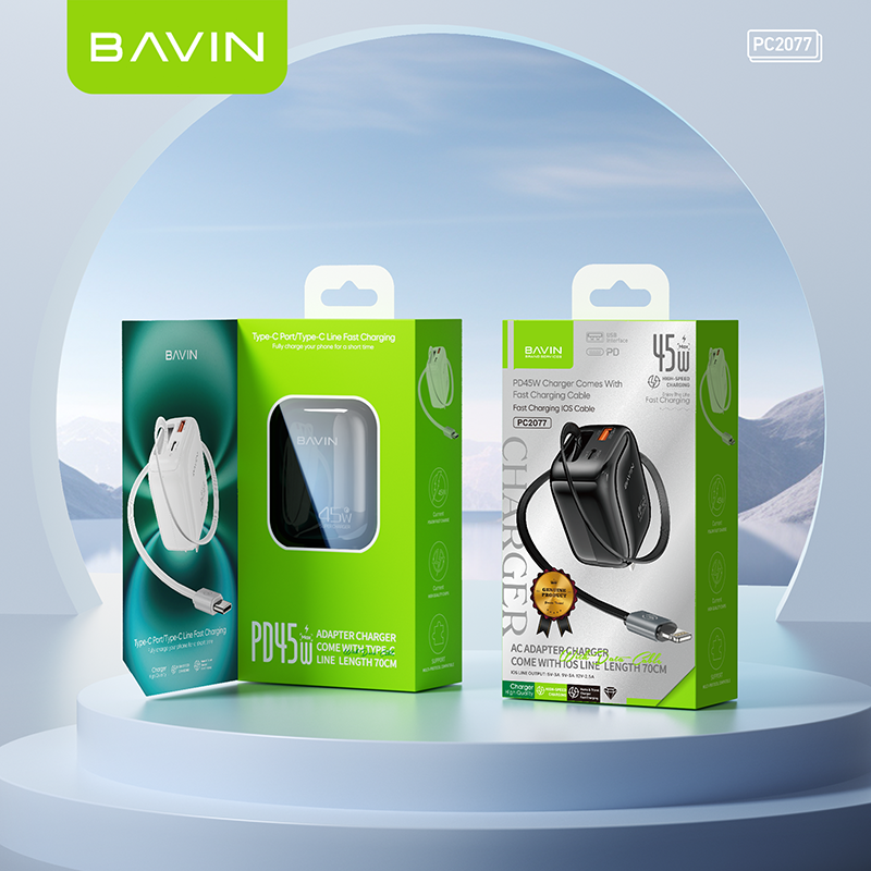 BAVIN PC2077 PD45W QC3.0 Fast Charging Adapter Charger w/70cm Retractable iP Cable+Foldable AC ...