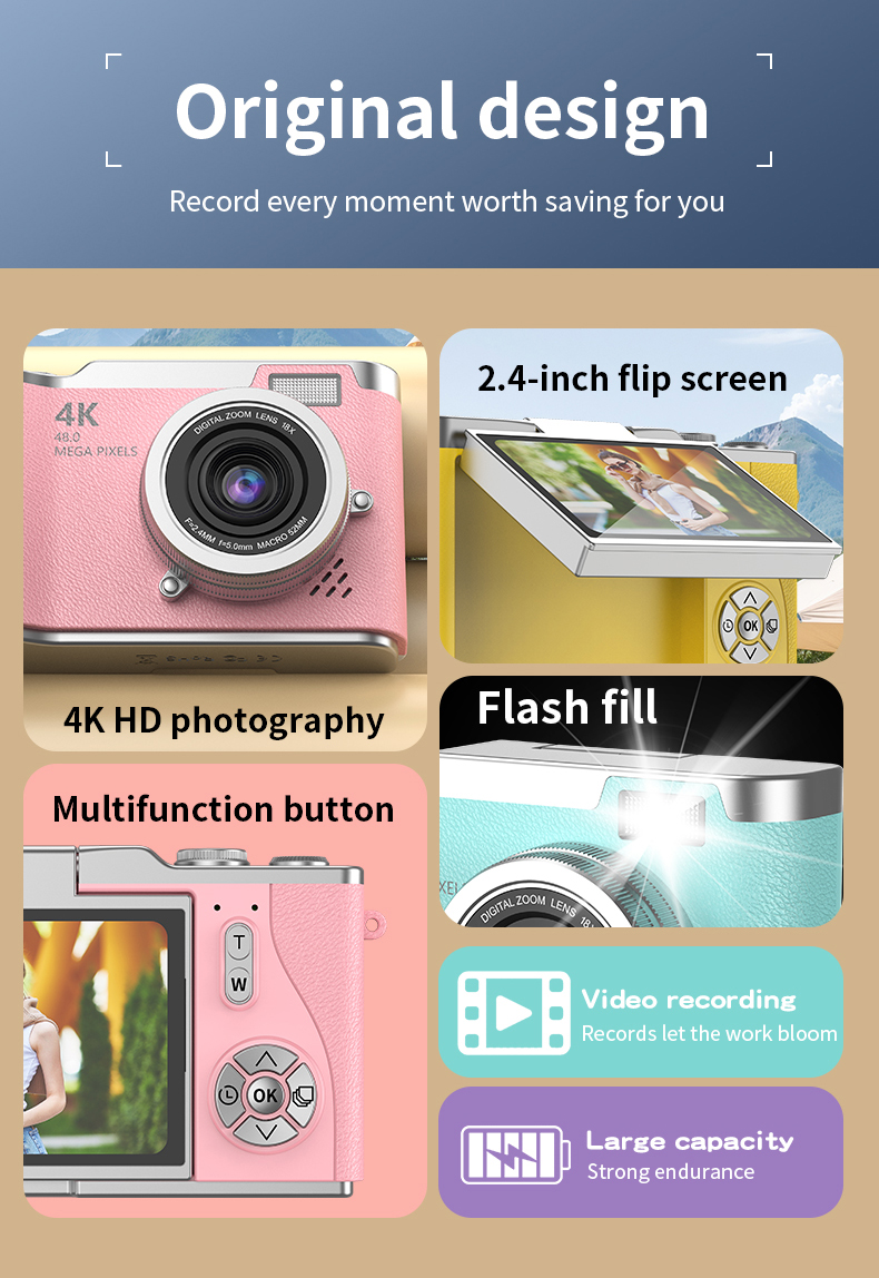 4K HD Digital Camera Flip screen 180° 48MP Photography HD Selfie Mini ...