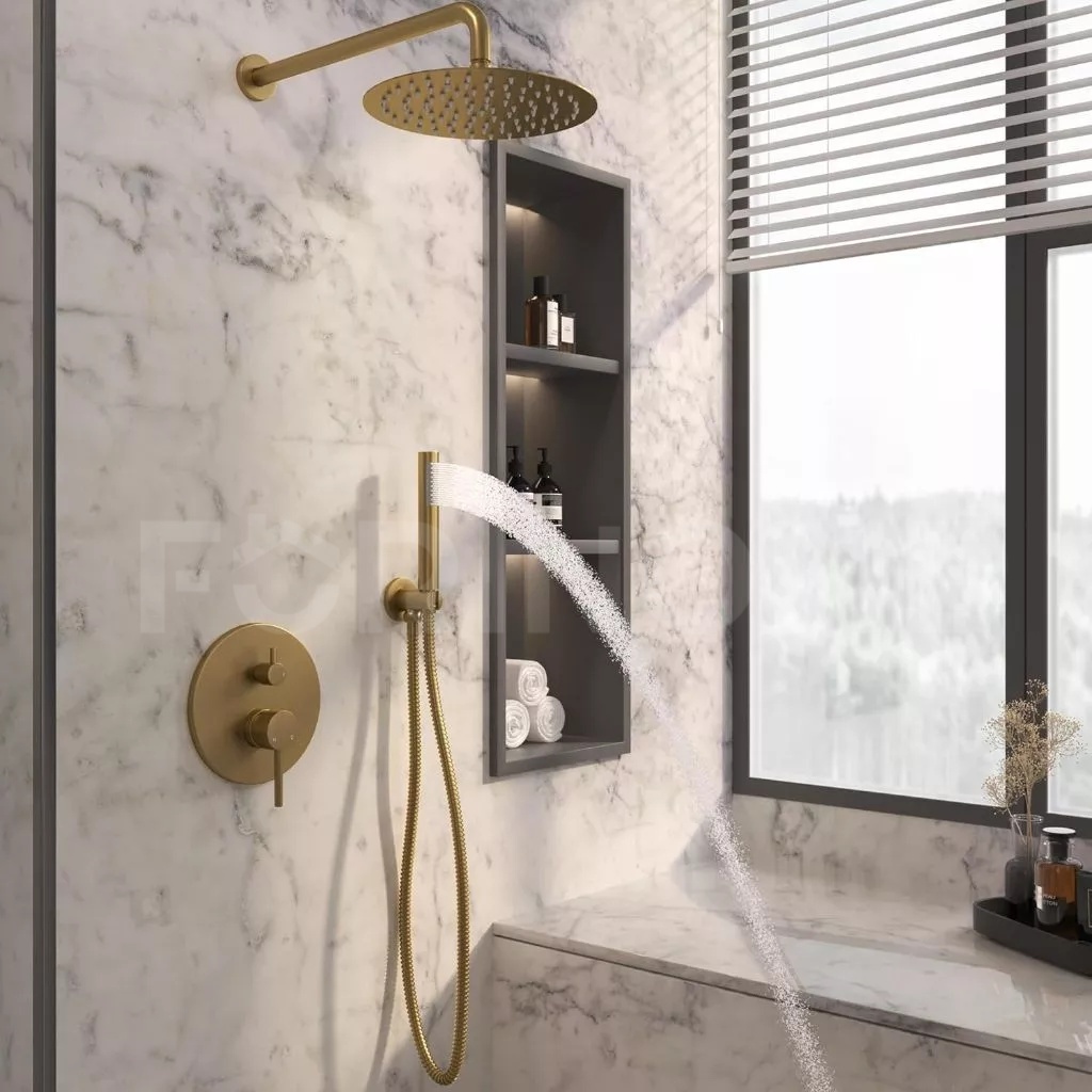 3-in-1 Embedded Brass Brushed Gold Bathroom Shower Set Square round ...