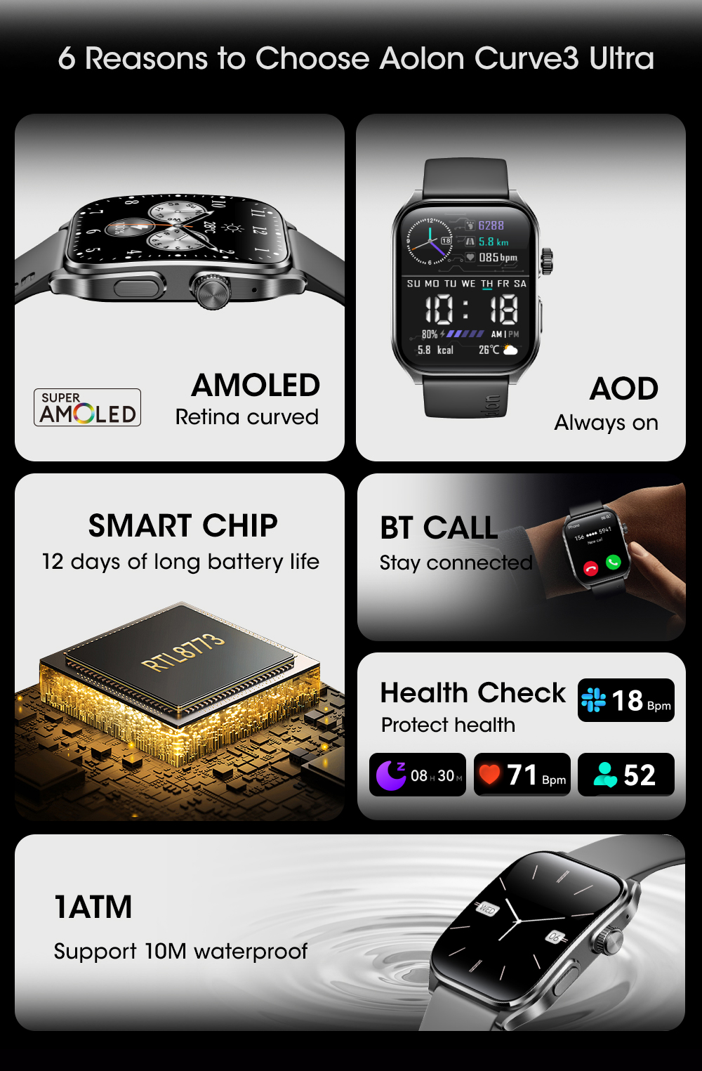 Aolon Curve 3 Ultra Smart Watch 60Hz 1ATM Amoled Running Pace Message ...