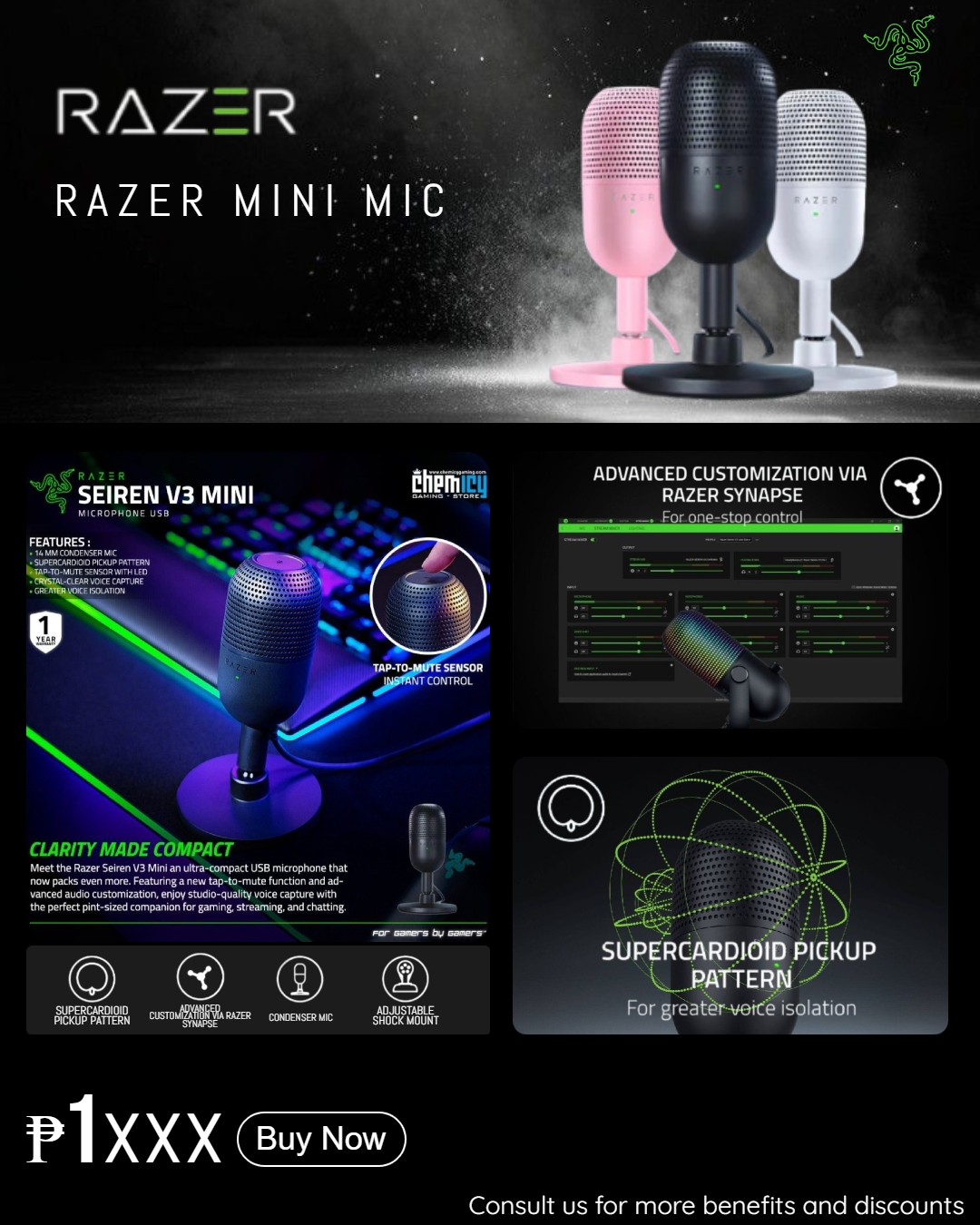Razer Seiren Mini Black Mic Razer Microphone Razer Ultra-compact ...