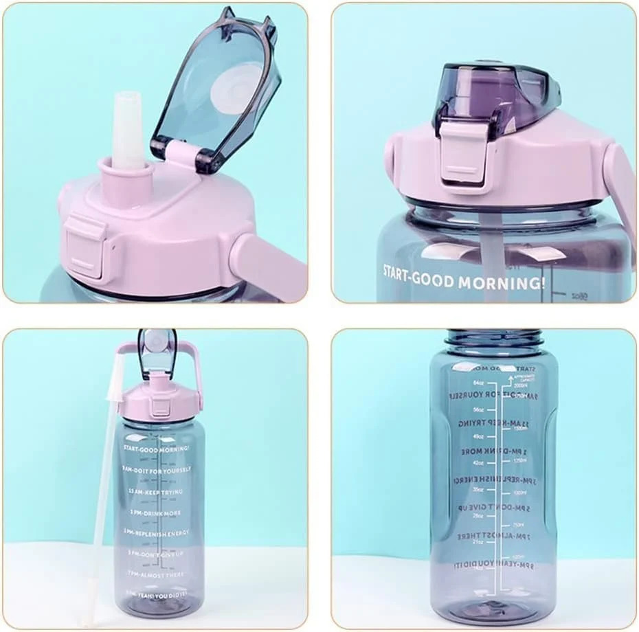 2000ML Water Bottle with Straw & Time Marker | Large Tritan Tumbler with Handle for Gym ...