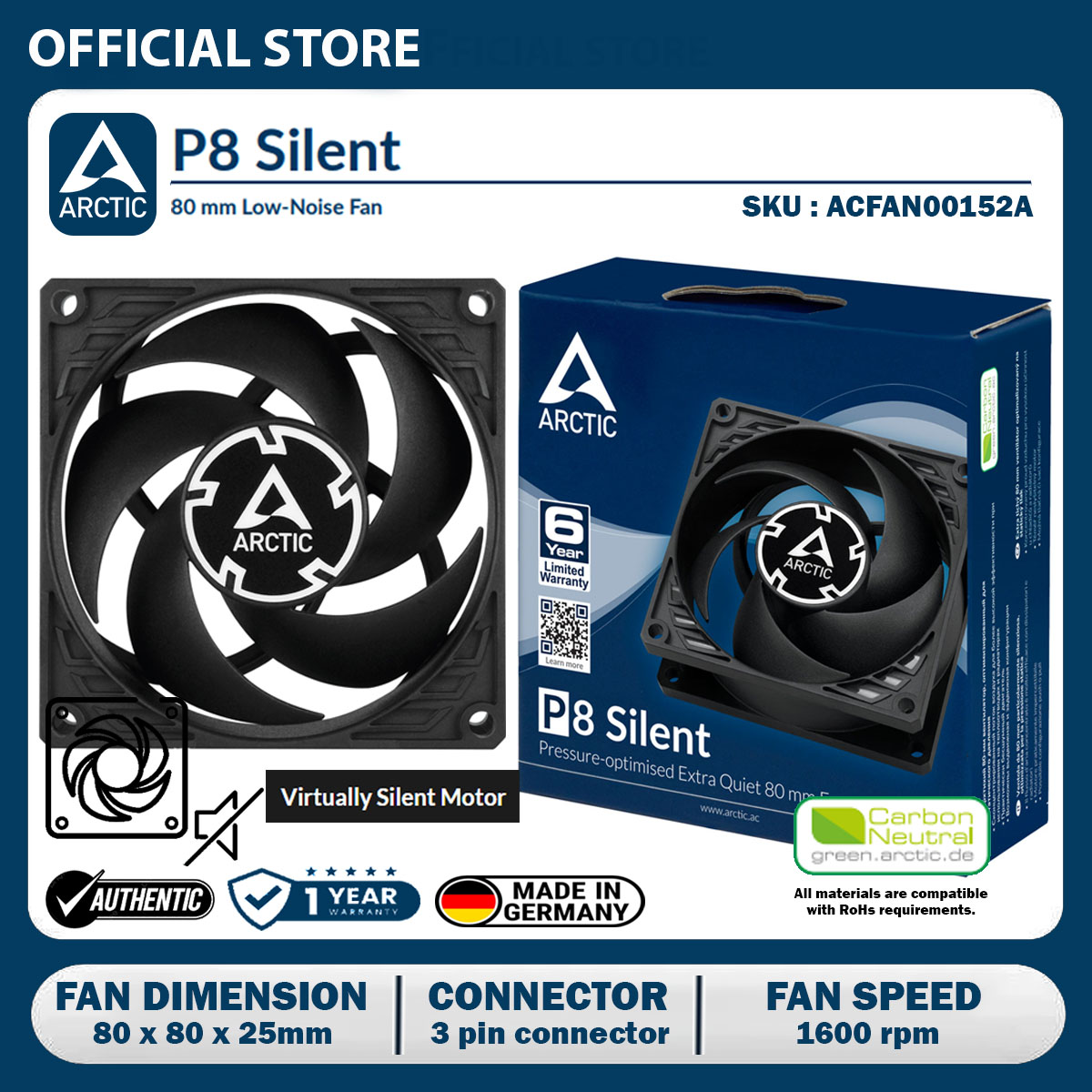 ARCTIC P8 Silent - PC Fan, 80mm Case Fan, Pressure-optimised, Very ...