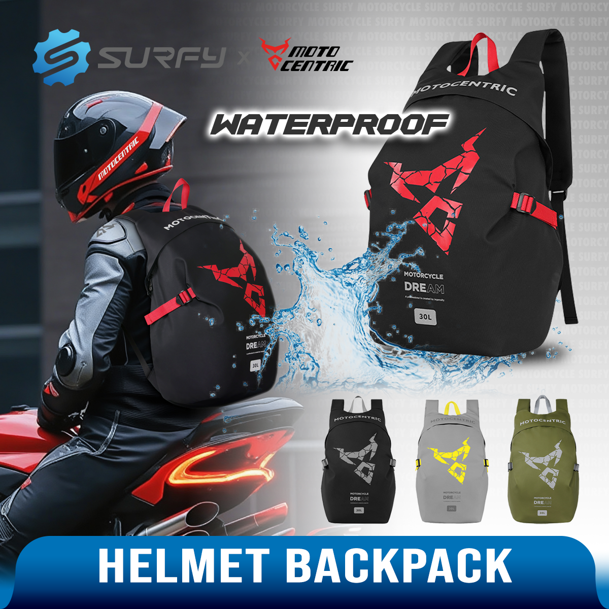 MotoCentric Dream 30L Waterproof Motorcycle Helmet Backpack Two-Way ...