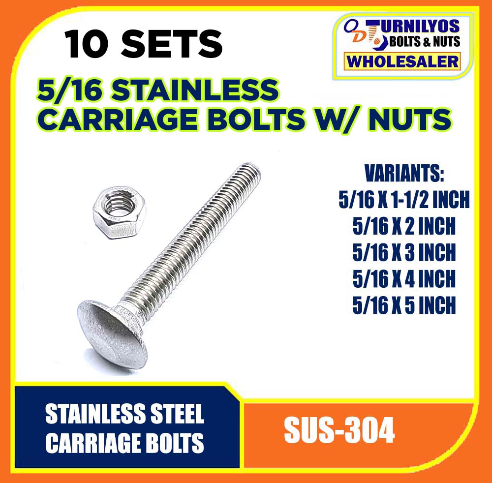 10 SETS 5/16 DIA STAINLESS CARRIAGE BOLTS WITH NUTS SUS-304 PITCH 18 ...