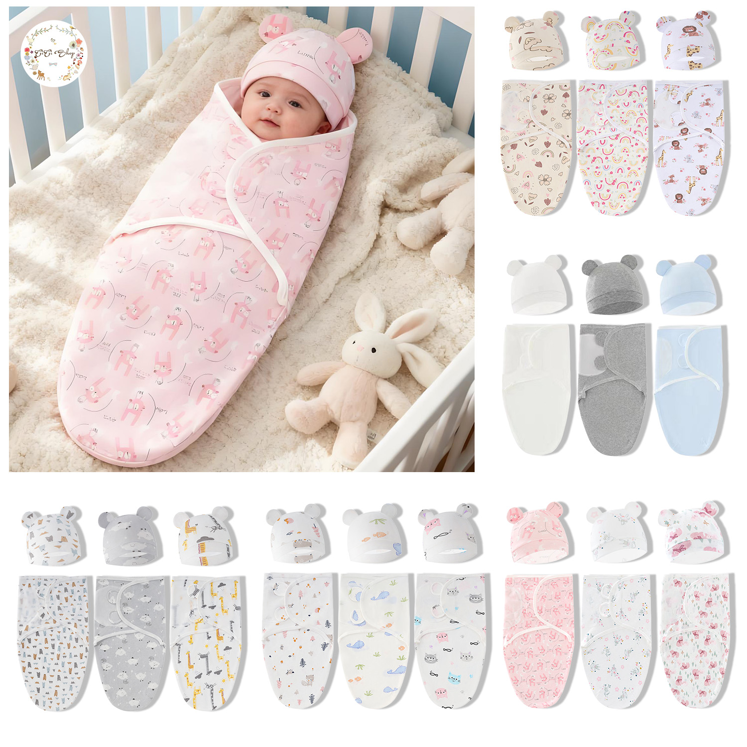 CiCi Newborn Baby Set of 3 Cotton Swaddle Wrapper Bonnet Sleep Bag ...