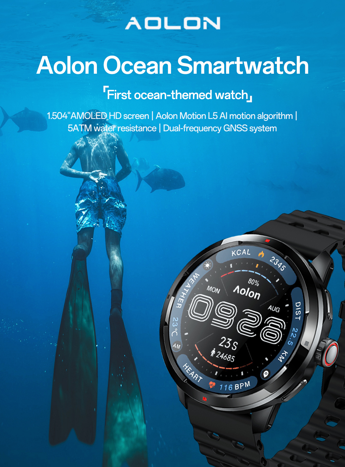Aolon Ocean Swimming Smart Watch GPS Al Voice Motion Algorithm Dial ...